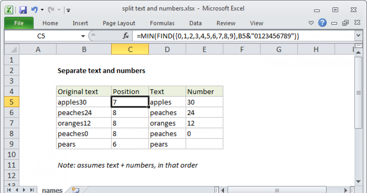 Split Text And Numbers Excel Formula Exceljet